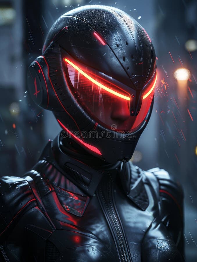 Futuristic Helmet with Glowing Red Visor in a Rainy Setting Stock ...