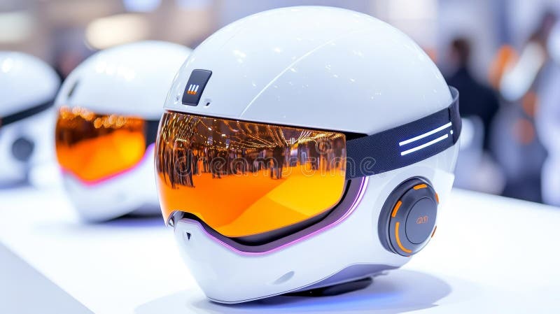 Futuristic Helmet with Orange Visor and LED Lights on Display Stock ...