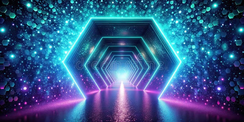 Futuristic Hexagon Tunnel with Vibrant Neon Lights and Sparkling ...