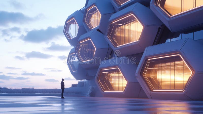 Futuristic Hexagonal Architecture at Sunset with a Lone Figure. Concept ...