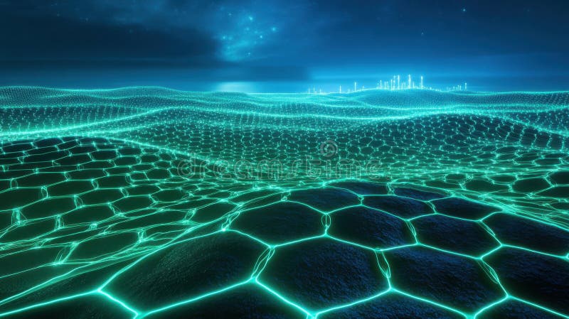 Futuristic Hexagonal Grid Landscape with Glowing Lines and Digital ...