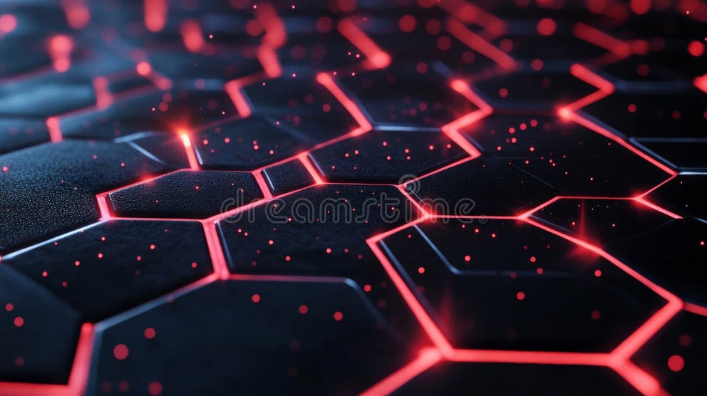 A Futuristic Hexagonal Mesh with Glowing Red Lines and Dark Black ...
