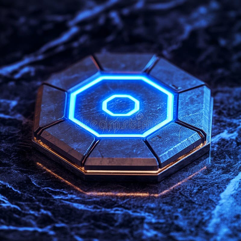 Futuristic Hexagonal Object with Blue Glowing Edges on a Dark Marble ...