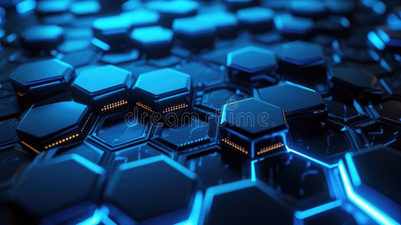Futuristic Hexagonal Patterns Glow with Blue Neon Lights, Creating an ...