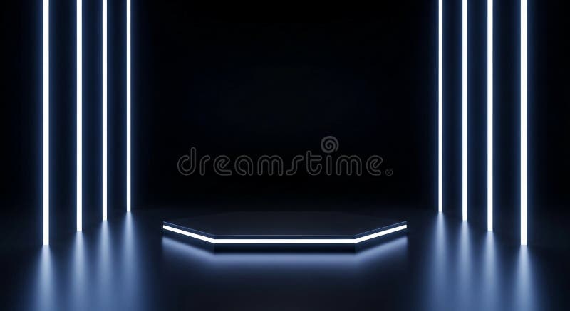 Neon Illuminated Stage with Geometric Platform and Vertical Light Bars ...