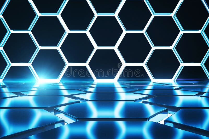 Futuristic Hexagonal Platform with Glowing Blue Lights. 3D Rendering Stock Illustration ...