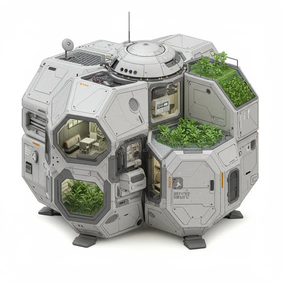 Futuristic Hexagonal Pod Structure with Multiple Compartments. Exterior ...