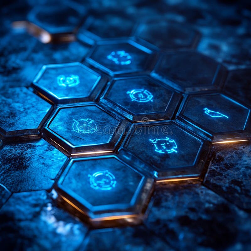 Futuristic Hexagonal Tiles with Glowing Blue Symbols on a Dark ...