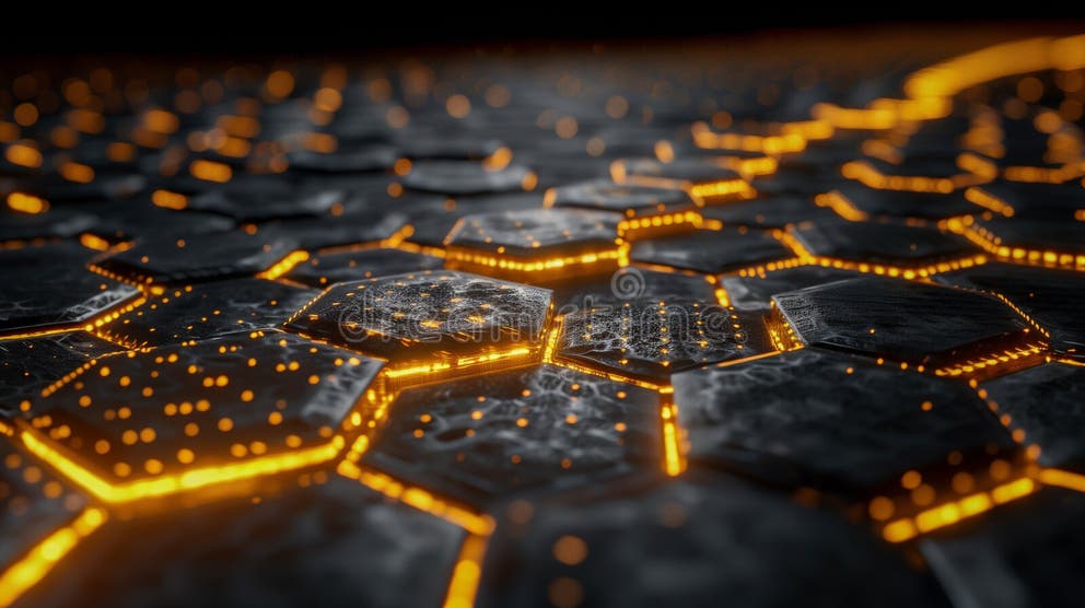 Futuristic Hexagonal Tiles with Glowing Orange Lines Stock Illustration ...