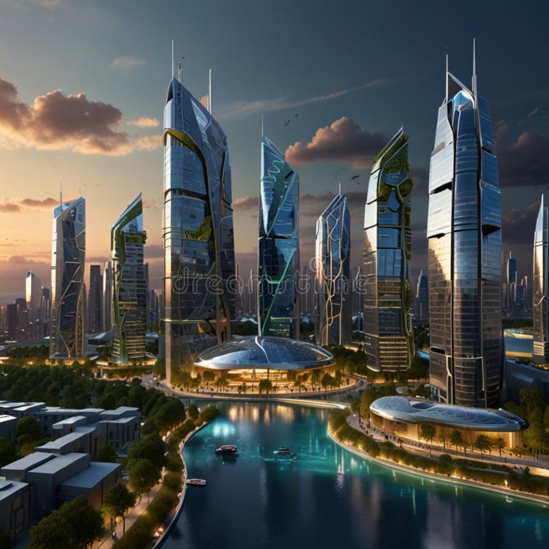 Futuristic Hi-Tech Building on City Also Water Lake. Ai Generated Stock ...