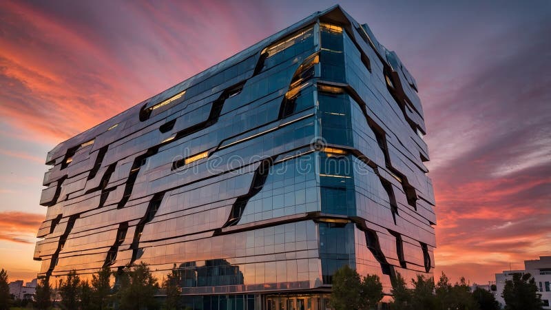 Futuristic High-Rise Building with Reflective Glass Windows and Sunset ...