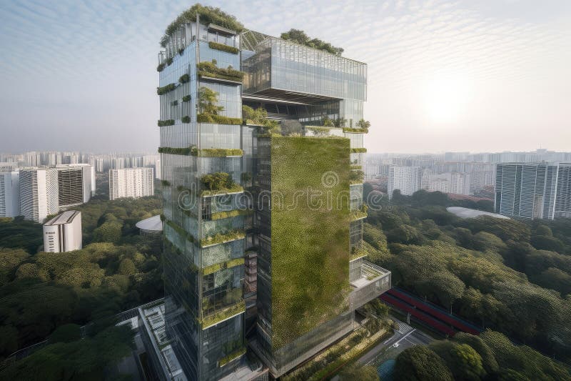 A Futuristic High-rise with Metallic and Glass Facade, Surrounded by ...