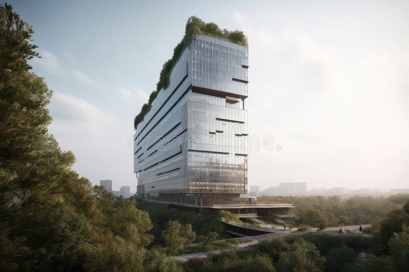 A Futuristic High-rise with Metallic and Glass Facade, Surrounded by ...