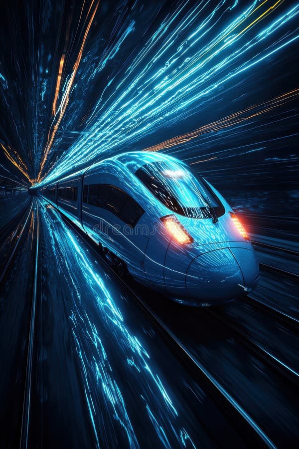 Futuristic High-speed Blue Train Racing through Neon Lights Stock Photo ...