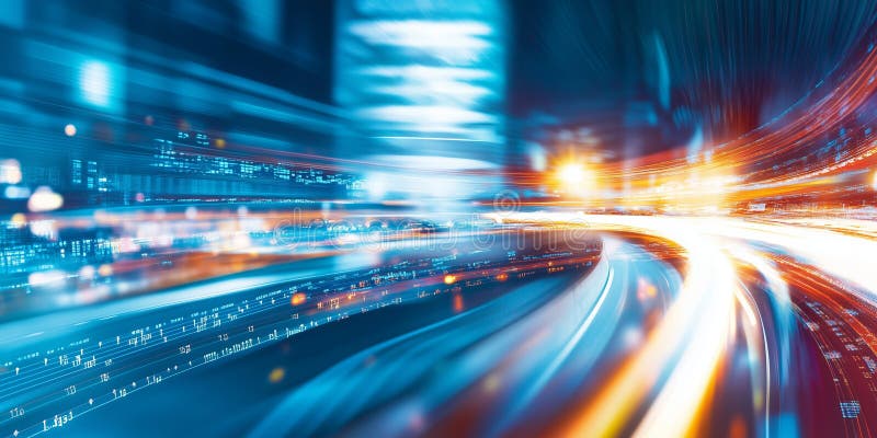 Futuristic High-Speed Data Flow in a Neon-Lit Digital Cityscape Stock ...