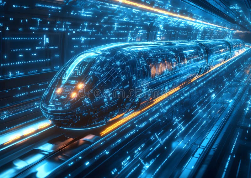 Futuristic High-speed Digital Train in a Glowing Cyber Tunnel, Advanced ...