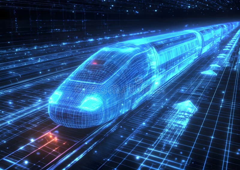 Futuristic High-speed Digital Train in a Glowing Cyber Tunnel, Advanced ...