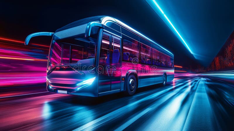 Futuristic High-speed Passenger Bus in Motion with Neon Lights on a ...