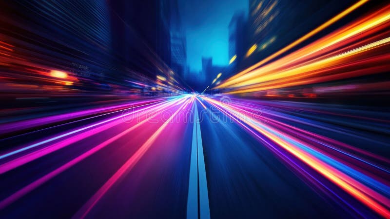 Futuristic High-Speed Road with Neon Light Streaks Stock Illustration ...