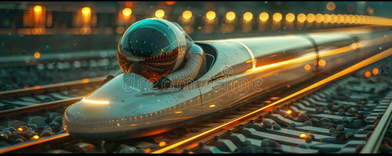 Futuristic HighSpeed Train with Astronaut on Tracks at Night with ...