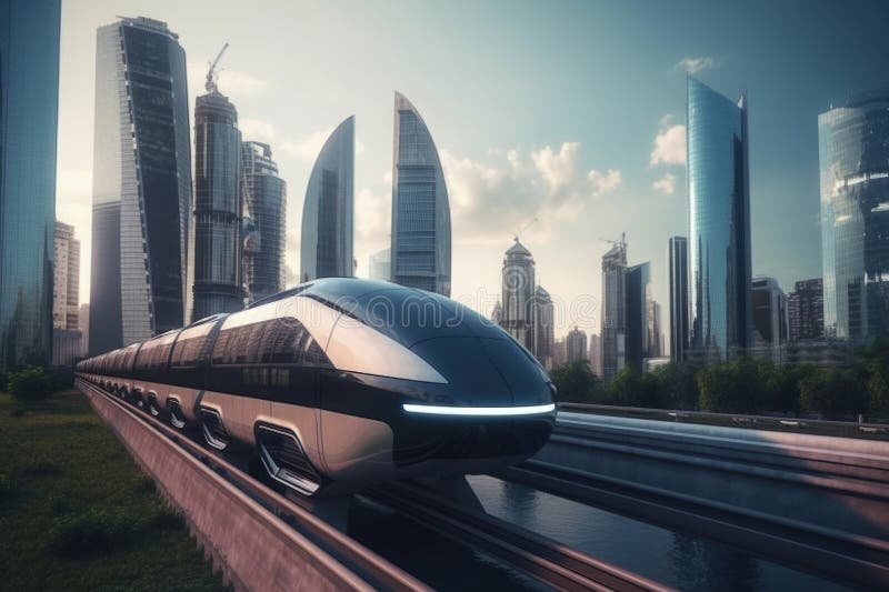 Futuristic High Speed Train in City. Generative AI Stock Illustration ...