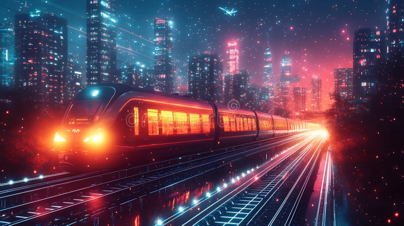 Futuristic High-speed Train City Night Travel Stock Illustration ...