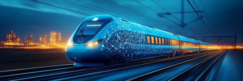 Futuristic High-Speed Train with Digital Network Connectivity Passing ...