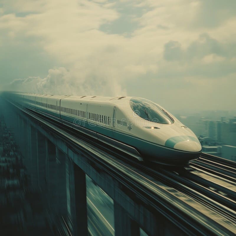 Futuristic High-speed Train on Elevated Track with Cityscape and Clouds ...