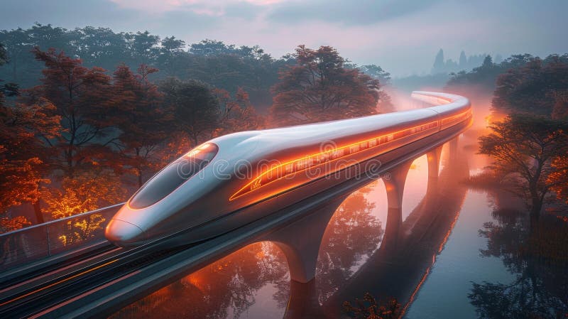 Futuristic High-Speed Train Gliding through Autumn Forest - Generative ...