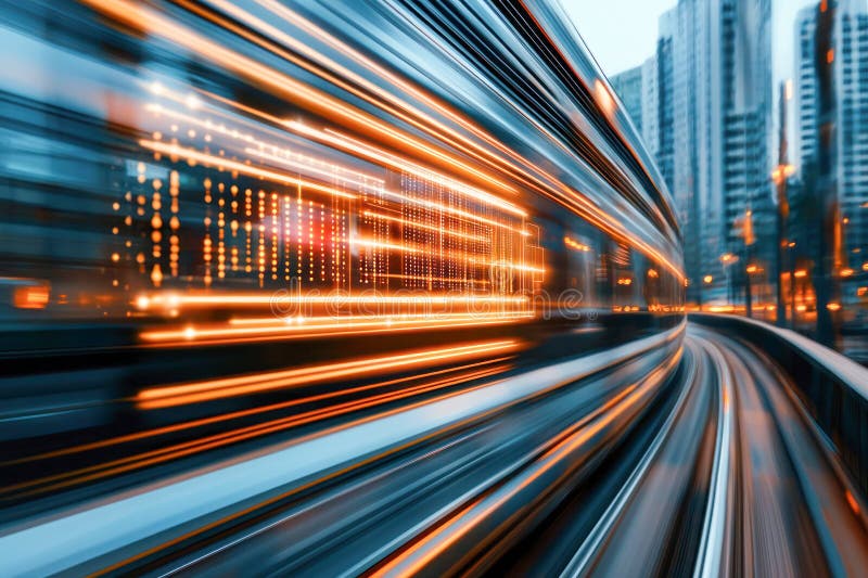 Futuristic High-speed Train with Glowing Digital Lights Moving through ...