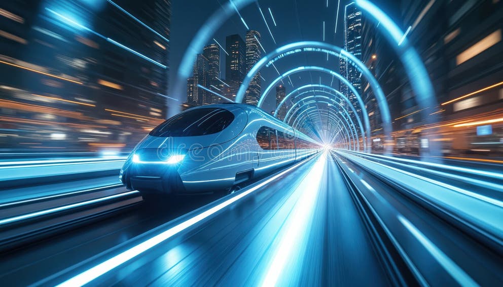 Futuristic High-speed Train in Mega City at Night. Concept of Next ...
