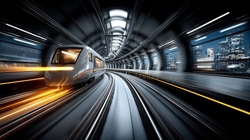 Futuristic High-speed Train in Motion through Modern Tunnel with City ...