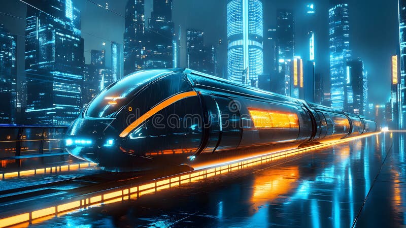 Futuristic High-speed Train in Neon-lit Cityscape at Night Stock Image ...