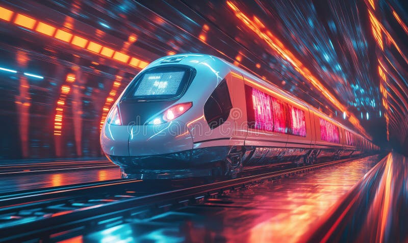 Futuristic High-speed Train in Neon-lit Tunnel with Motion Blur Effects ...