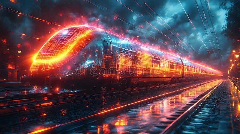Futuristic High-speed Train Speeding through City at Night Stock Illustration - Illustration of ...