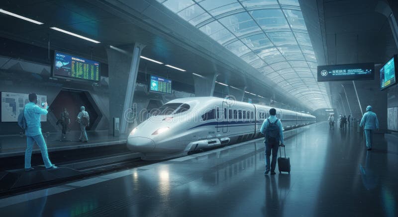 Futuristic High Speed Train Station Passengers Departing Stock Photo ...
