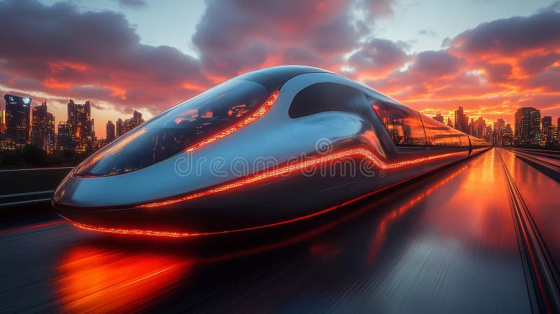 Futuristic High-speed Train at Sunset Amidst Cityscape Stock ...