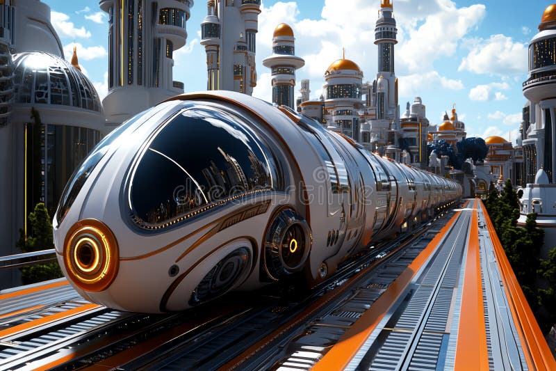 Futuristic High-speed Train Travels through a Modern City with Unique ...