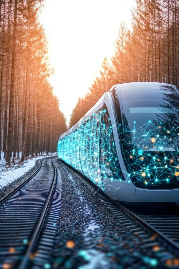 Futuristic High-Speed Train Travels through a Snowy Forest with Data ...