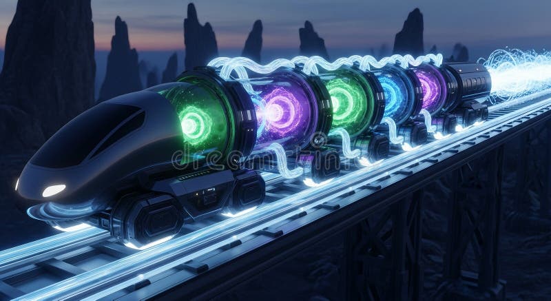 Futuristic High-speed Train Traversing a Glowing Rail Line with Energy ...