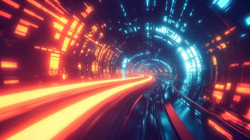 Futuristic High Speed Tunnel with Orange and Blue Light Streaks ...