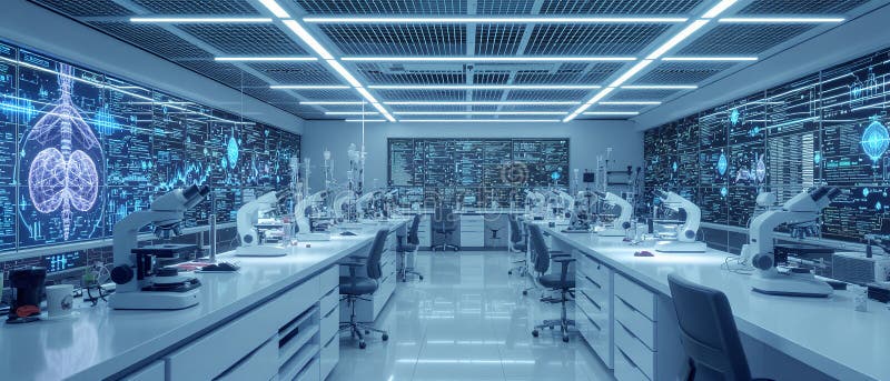 High-tech Biomedical Research Laboratory with Advanced Microscopes and AI-powered Analyzers ...