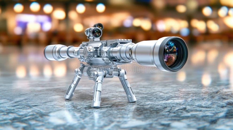 Futuristic High-tech Camera Lens on Tripod in Urban Setting with Bokeh ...