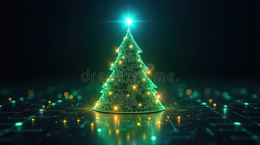 Futuristic High-Tech Christmas Tree Illuminated in Glowing Circuit ...