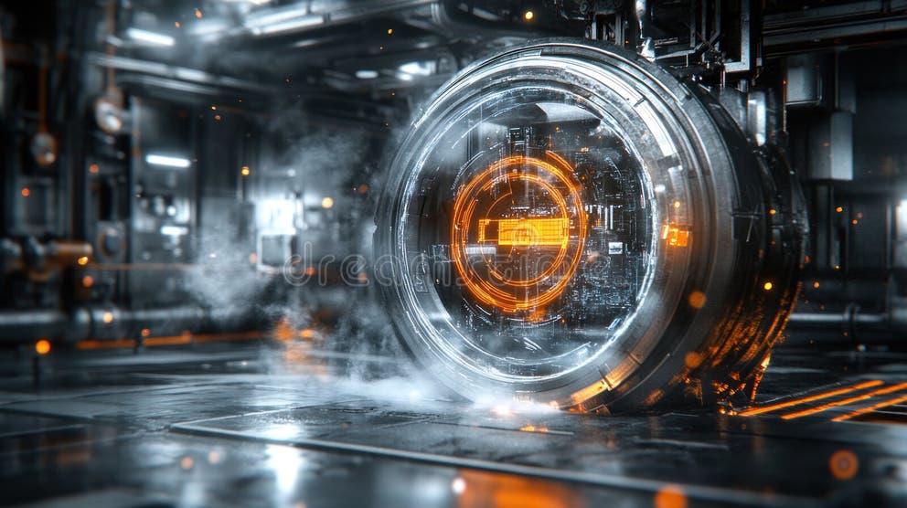 Futuristic, High-tech Circular Interface in a Dark, Industrial Setting ...