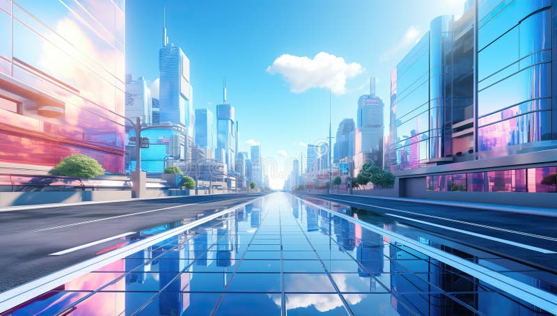 Futuristic, High Tech City with Modern Skyscrapers, Elevated Transit ...