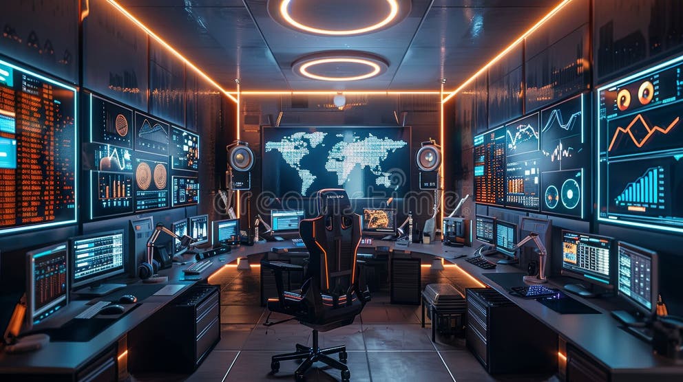 Futuristic HighTech Control Room with Multiple Monitors and Data ...