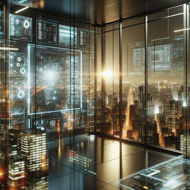 A Futuristic, High-tech Control Room with a Panoramic View of a City ...