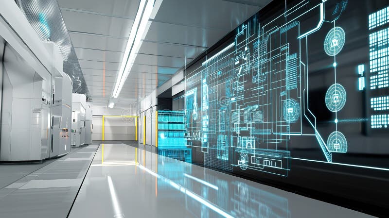 Futuristic High-tech Corridor with Glowing Interface Elements in a Modern Technology Facility at ...