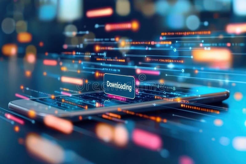 Futuristic High-Tech Desk Setup with Smartphone Downloading Data in ...